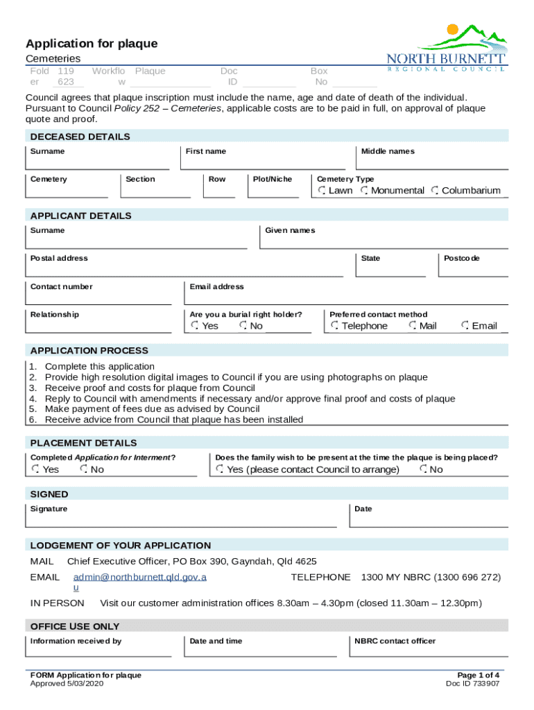 APPLICATION FOR CAST BRONZE PLAQUE Doc Template | pdfFiller