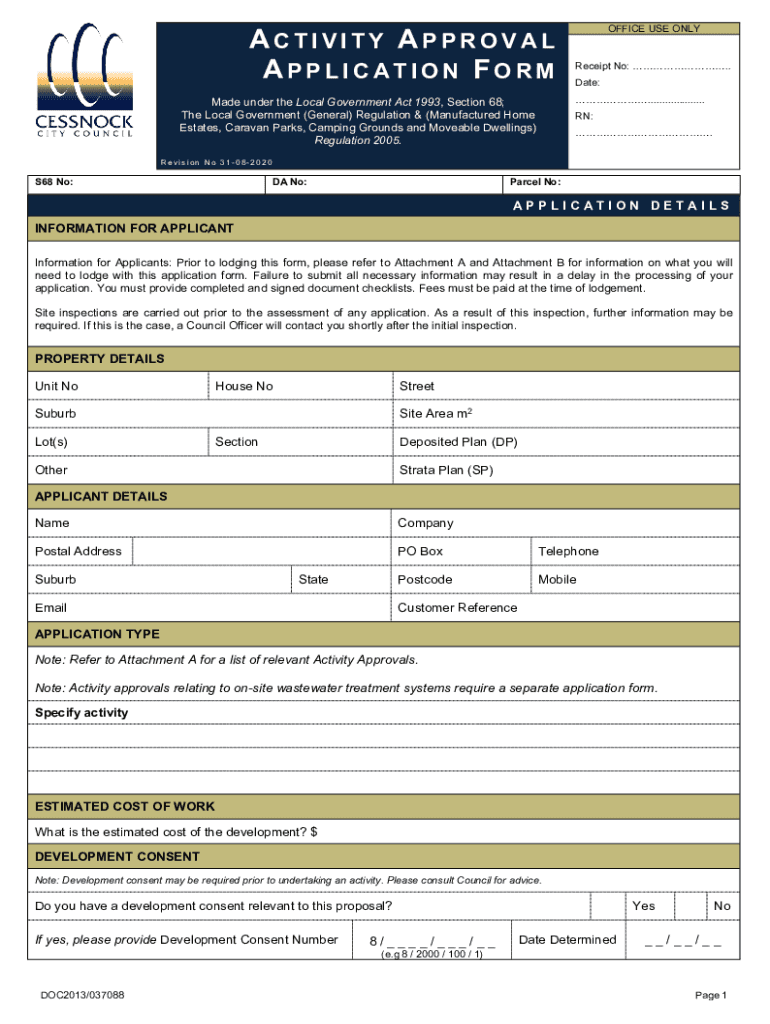 Fillable Online Application for ApprovalSection 68 LG Act 1993 2020- ... Fax Email Print - pdfFiller