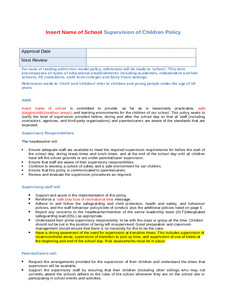 Insert Name of School Supervision of Children Policy Doc Template ...