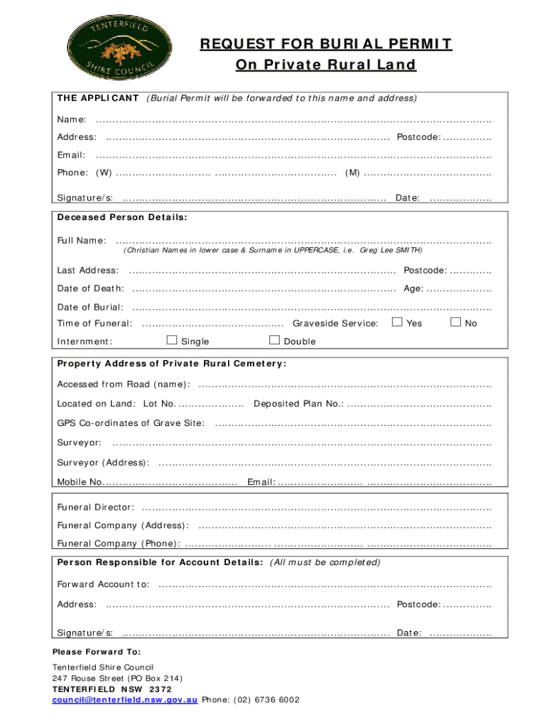 Fillable Online Request for Burial PermitPrivate Rural Land Fax Email ...