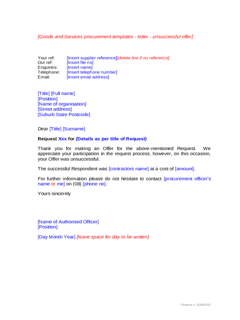 Unsuccessful Offer. goods and services templates Doc Template | pdfFiller