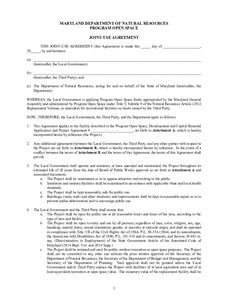 Fillable Online dnr state md Program Open Space Joint-Use Agreement Fax Email Print - pdfFiller