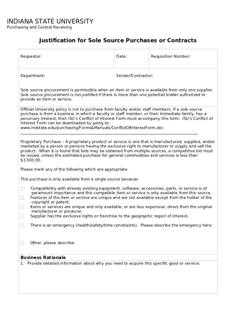 Sole Single Source Request - IU Purchasing Doc Template | pdfFiller