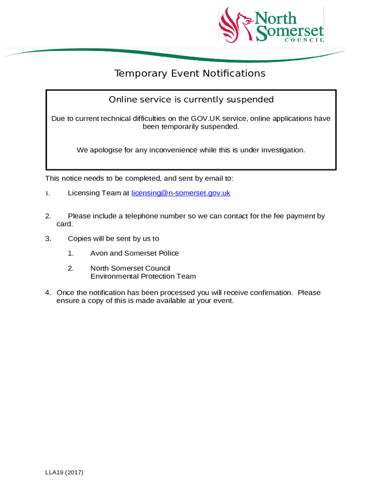 Temporary Event Notification - n-somerset gov Doc Template | pdfFiller