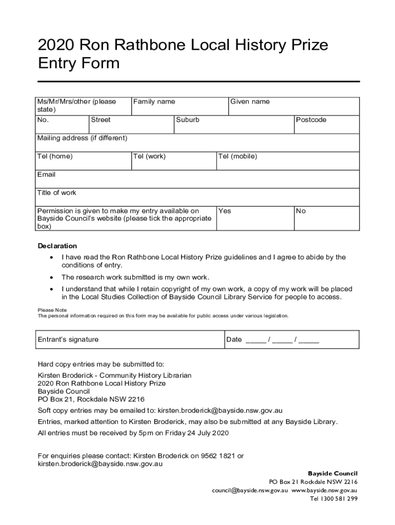 Fillable Online 2020 Junior Ron Rathbone Local History Prize Entry Form ...