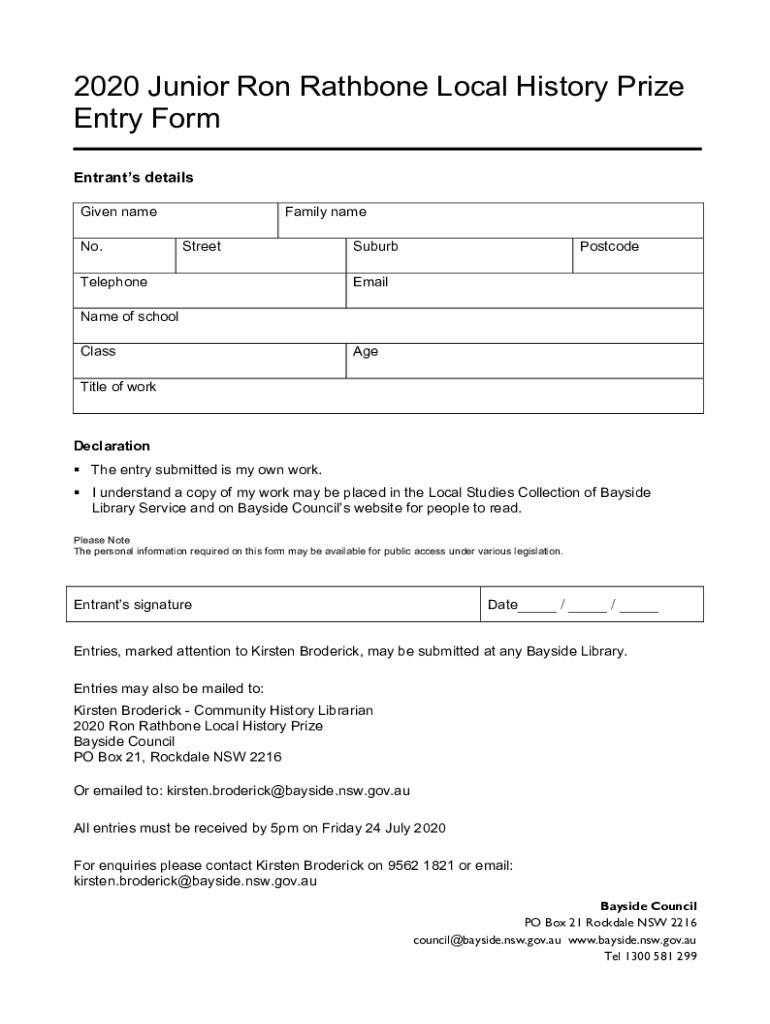 Fillable Online 2020 Ron Rathbone Local History Prize Entry Form Fax ...