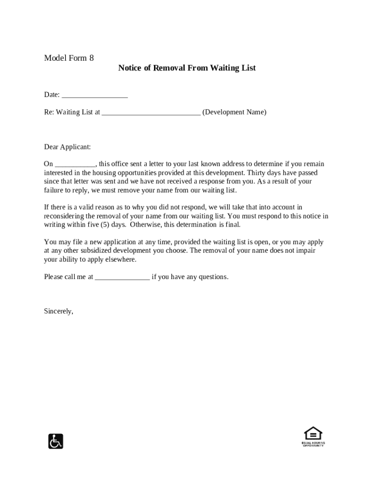 Model 8. Notice of Removal from Waiting List Doc Template | pdfFiller