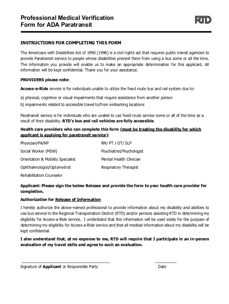 Fillable Online Professional Medical Verification Form for ADA ...