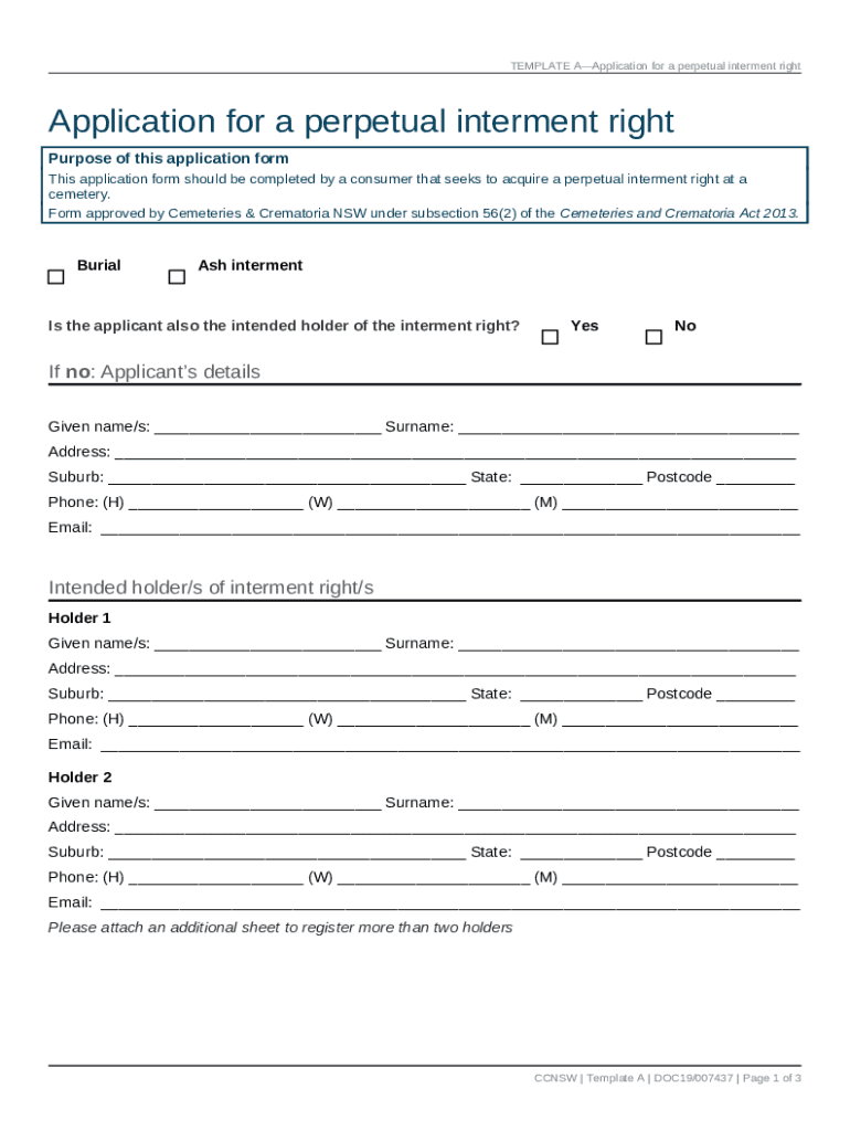 Application for a perpetual interment right Doc Template | pdfFiller