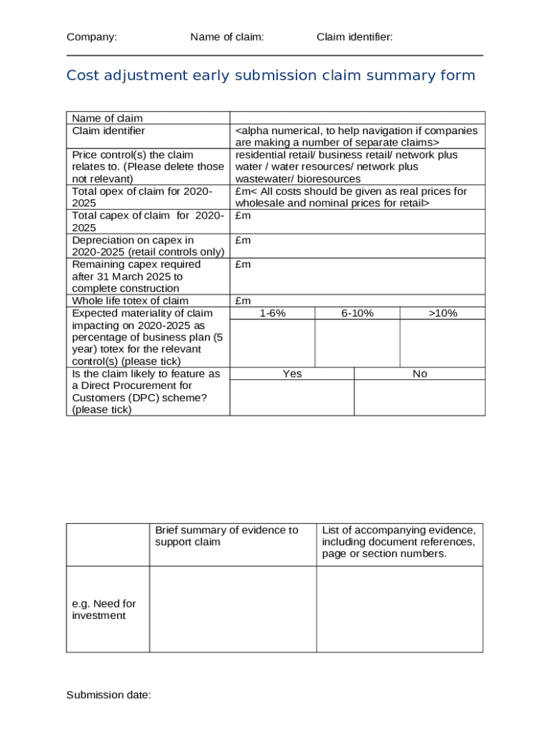 Cost adjustment early submission claim summary Doc Template | pdfFiller