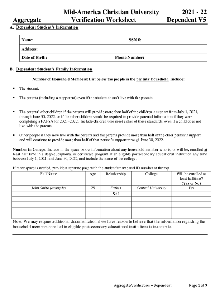Fillable Online 22 Aggregate Verification Worksheet Dependent V5 Fax Email Print - pdfFiller