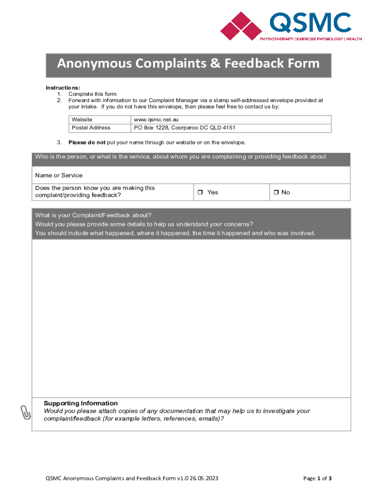 Fillable Online QSMC Anonymous Complaints and Feedback Form Fax Email Print - pdfFiller