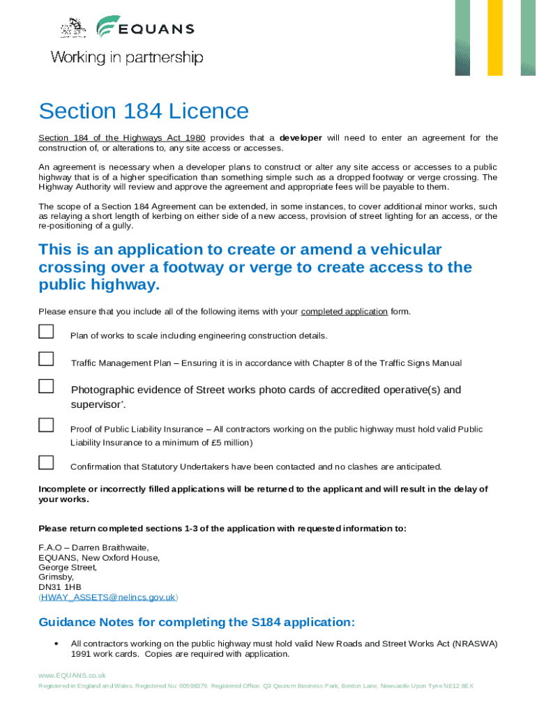 Section 184 agreement - vehicle crossings over footways and ... Doc Template | pdfFiller