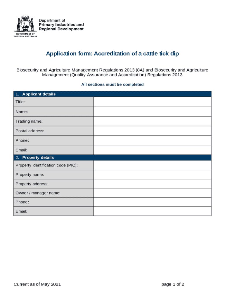Application : Accreditation of a cattle tick dip Doc Template | pdfFiller