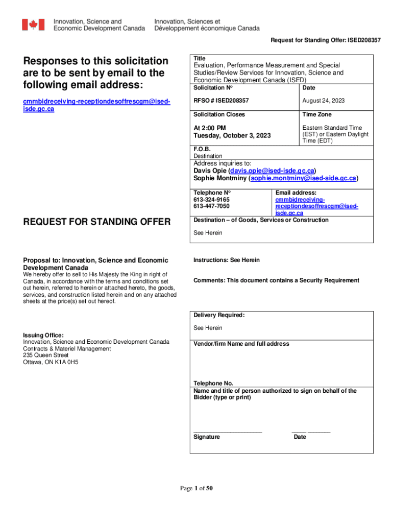 Fillable Online Request for Standing Offer: ISED208357 - CanadaBuys Fax ...