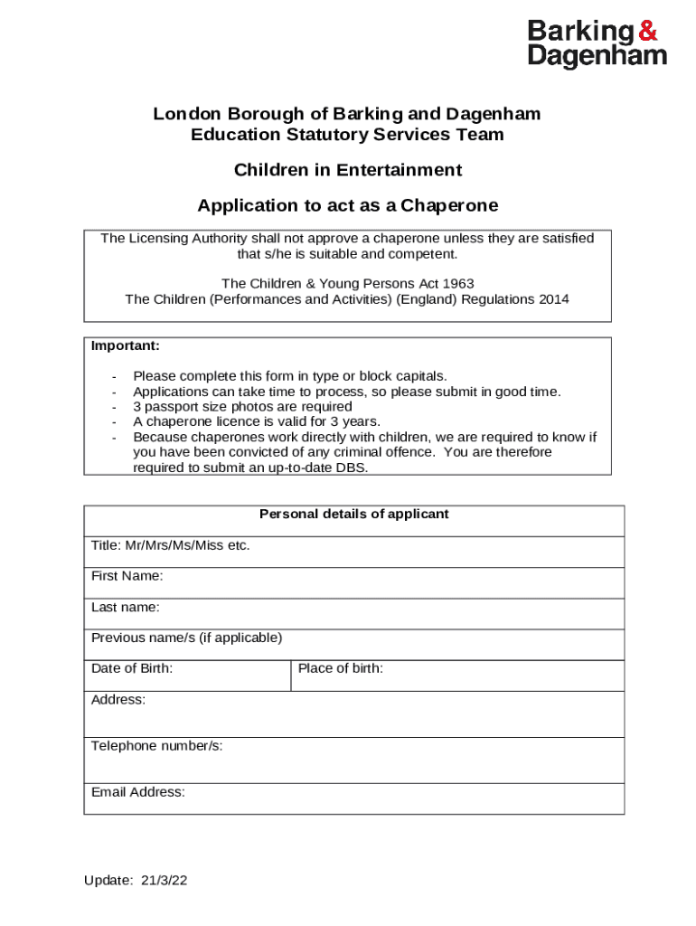 Chaperone Licence Application - ... Doc Template | pdfFiller