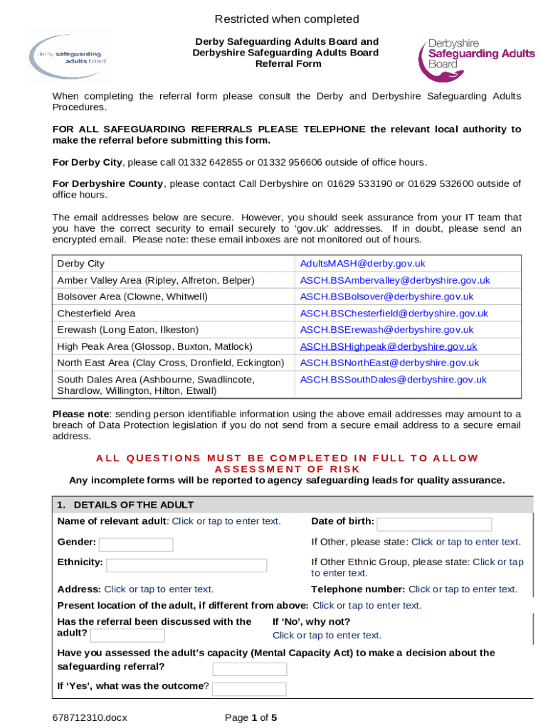 Referral s - a safer Derbyshire Doc Template | pdfFiller