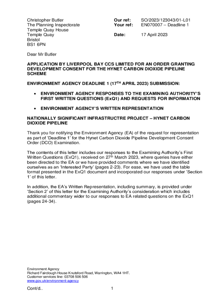 Fillable Online infrastructure planninginspectorate gov HyNet Carbon Dioxide Pipeline Written ...