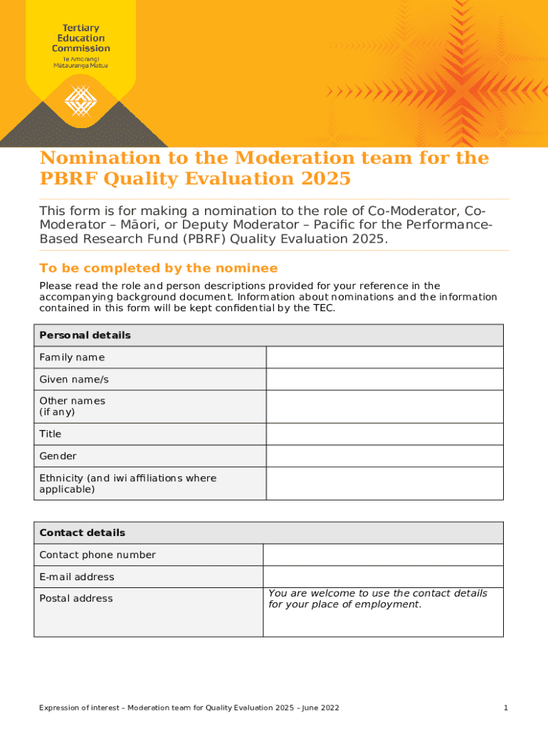 Nomination to the Moderation team for the PBRF Quality ... Doc Template ...