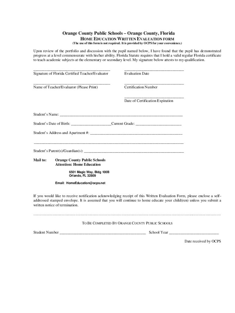 Fillable Online Home Education Evaluation Form - Orange County Public ... Fax Email Print ...
