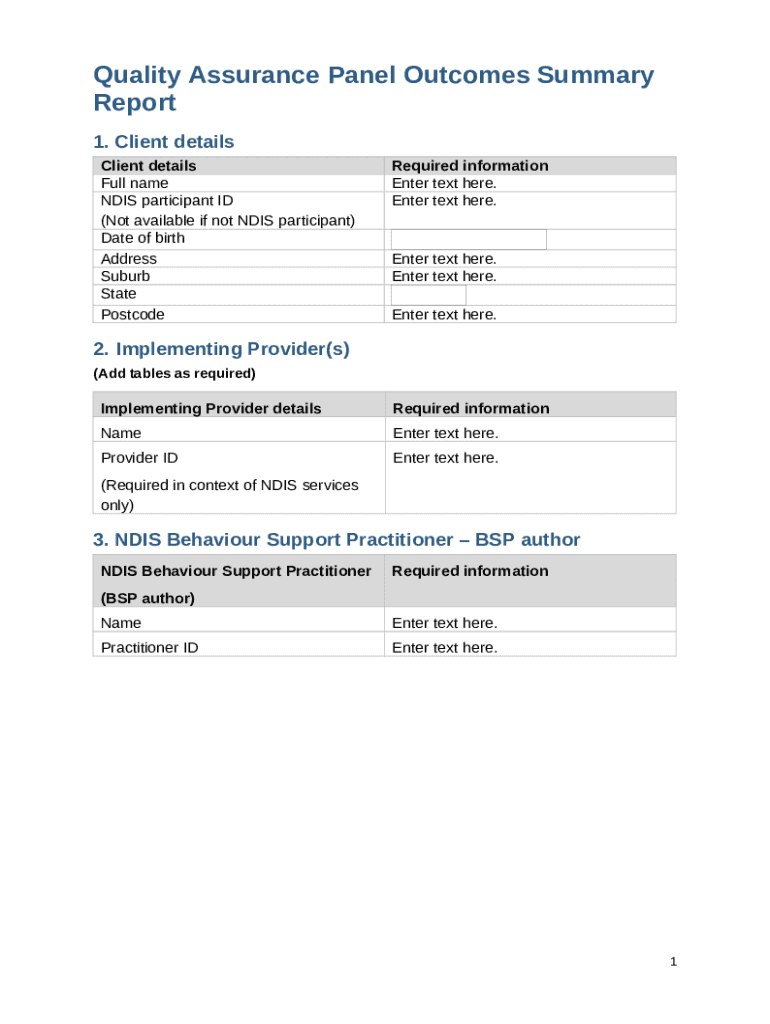 Quality Assurance Panel Outcomes Summary Report. Restrictive practices ...