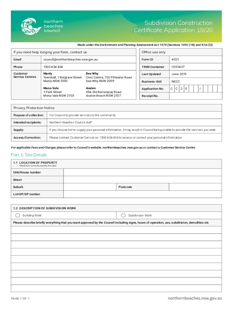 Fillable Online Subdivision Construction Certificate Application 19/20 Fax Email Print - pdfFiller