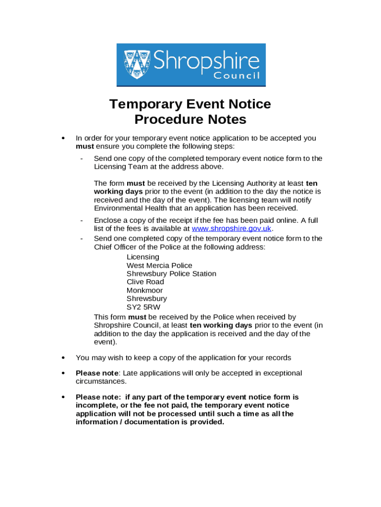 Procedure for Submitting a NoticeTemporary Event Notices Doc Template | pdfFiller