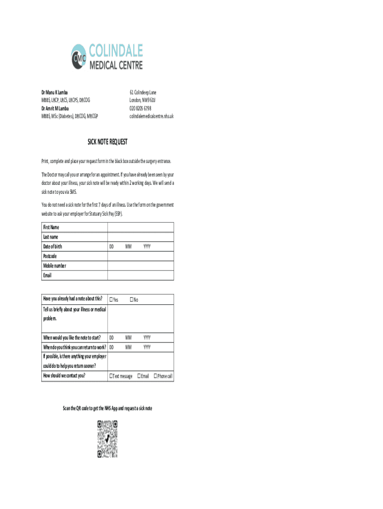 Fillable Online Sick Note Request Form Fax Email Print - pdfFiller