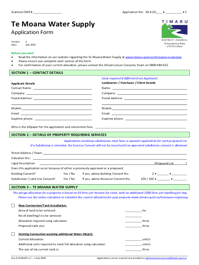 Fillable Online Te Moana Water Supply Fax Email Print - pdfFiller
