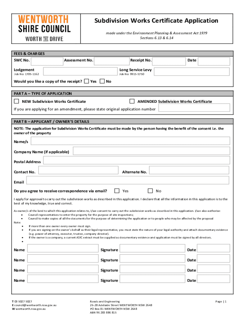 Fillable Online REG 148A Application for subdivision works certificate Fax Email Print - pdfFiller