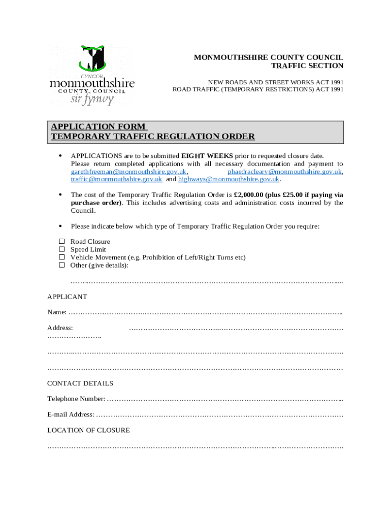 application temporary traffic regulation order Doc Template | pdfFiller
