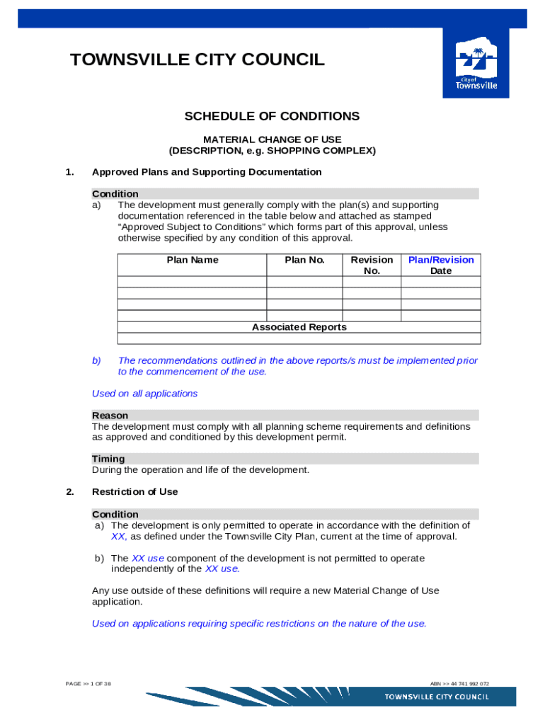 townsville city council schedule of conditions Doc Template | pdfFiller