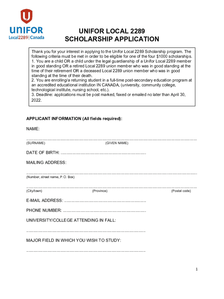 Fillable Online unifor local 2289 scholarship application Fax Email ...