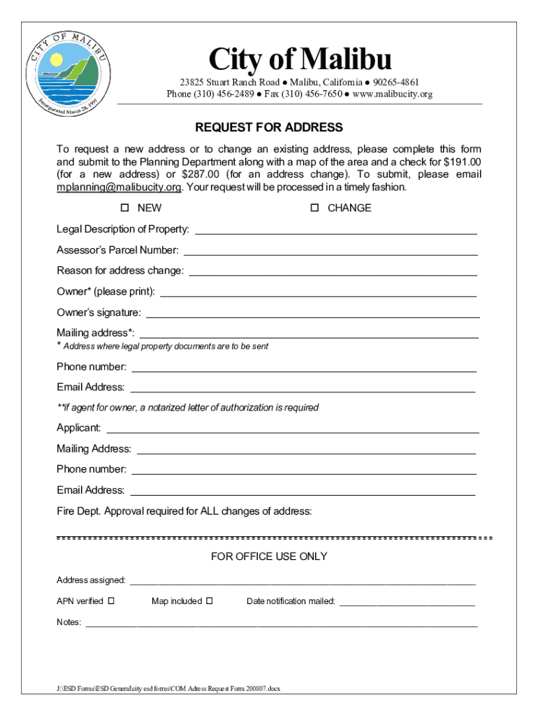Fillable Online City of Malibu - COM Address Request Form Fax Email ...