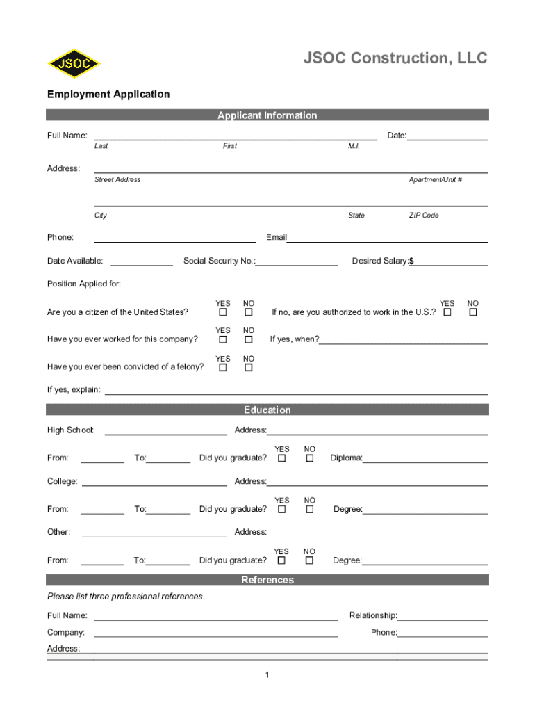 Fillable Online JSOC Construction, LLC - Employment application Fax ...