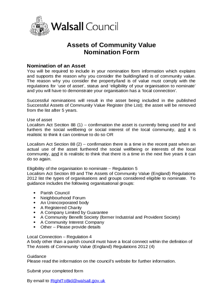 Assets of Community Value Nomination ... - Walsall Council Doc Template | pdfFiller