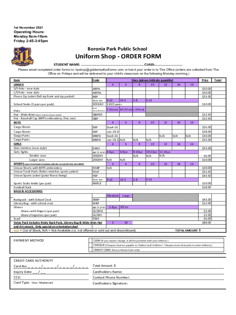 Fillable Online Uniform Shop - ORDER FORM Fax Email Print - pdfFiller