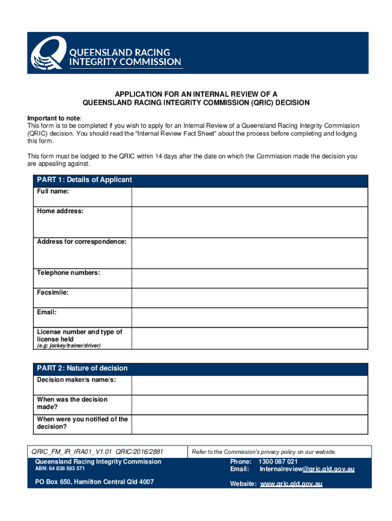 Fillable Online Application for QRIC Internal Review form. This form is ...