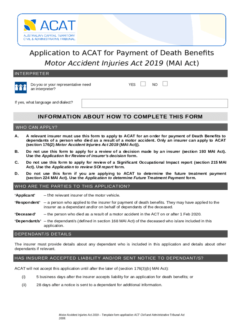 Application to ACAT for Payment of Death Benefits Motor ... Doc Template | pdfFiller