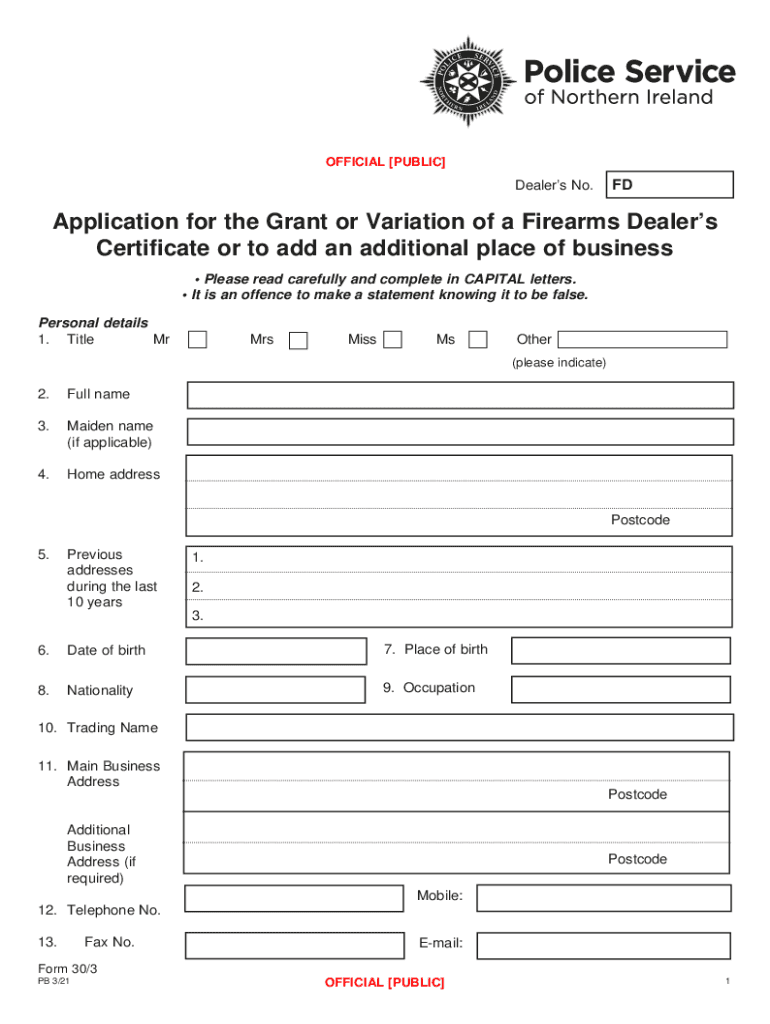 Fillable Online Firearms Form 30-3 - Application for the Grant of ...