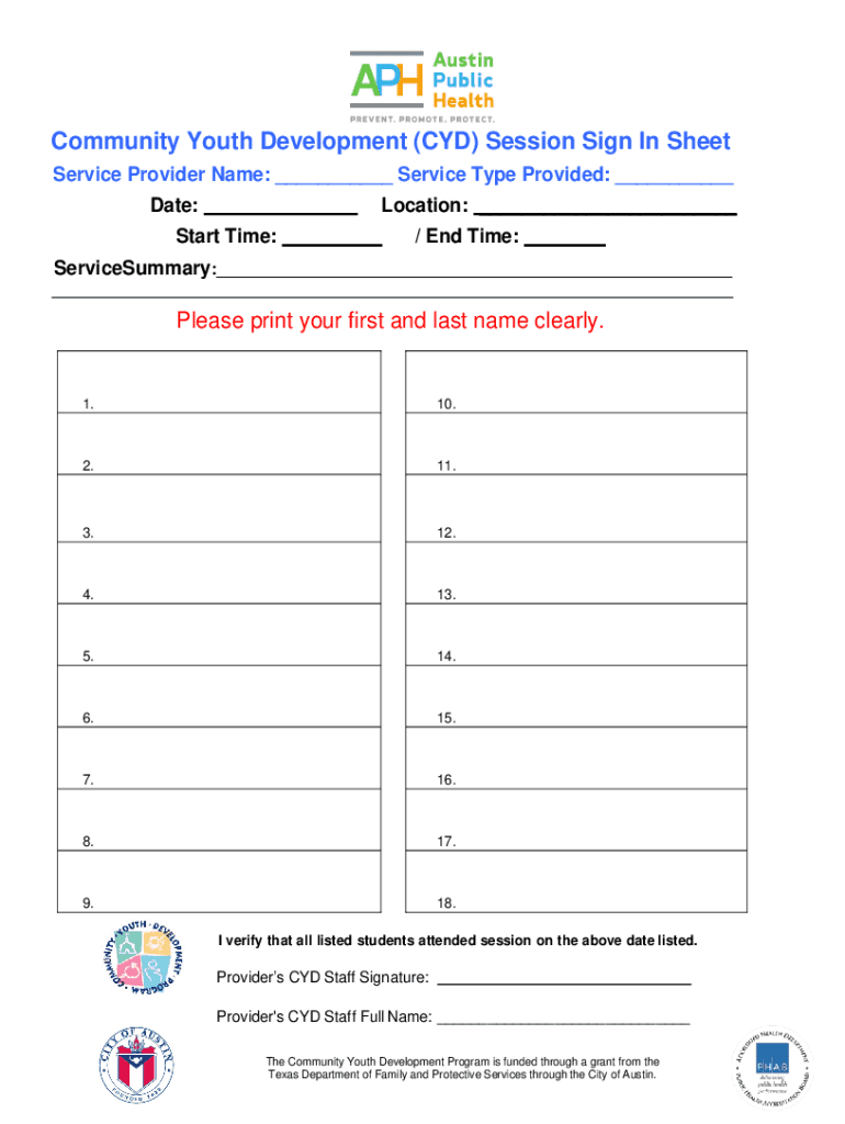 Fillable Online Community Youth Development (CYD) Session Sign In Sheet ...