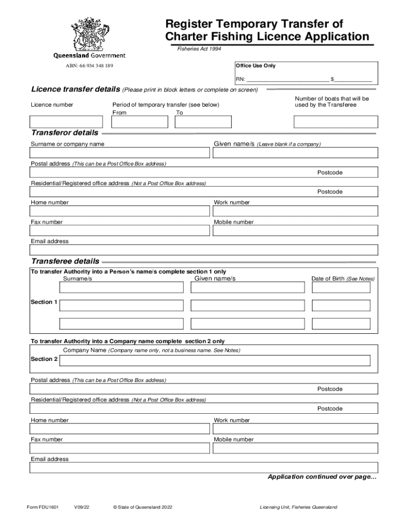 Fillable Online Register Temporary Transfer of Charter Fishing Licence ...