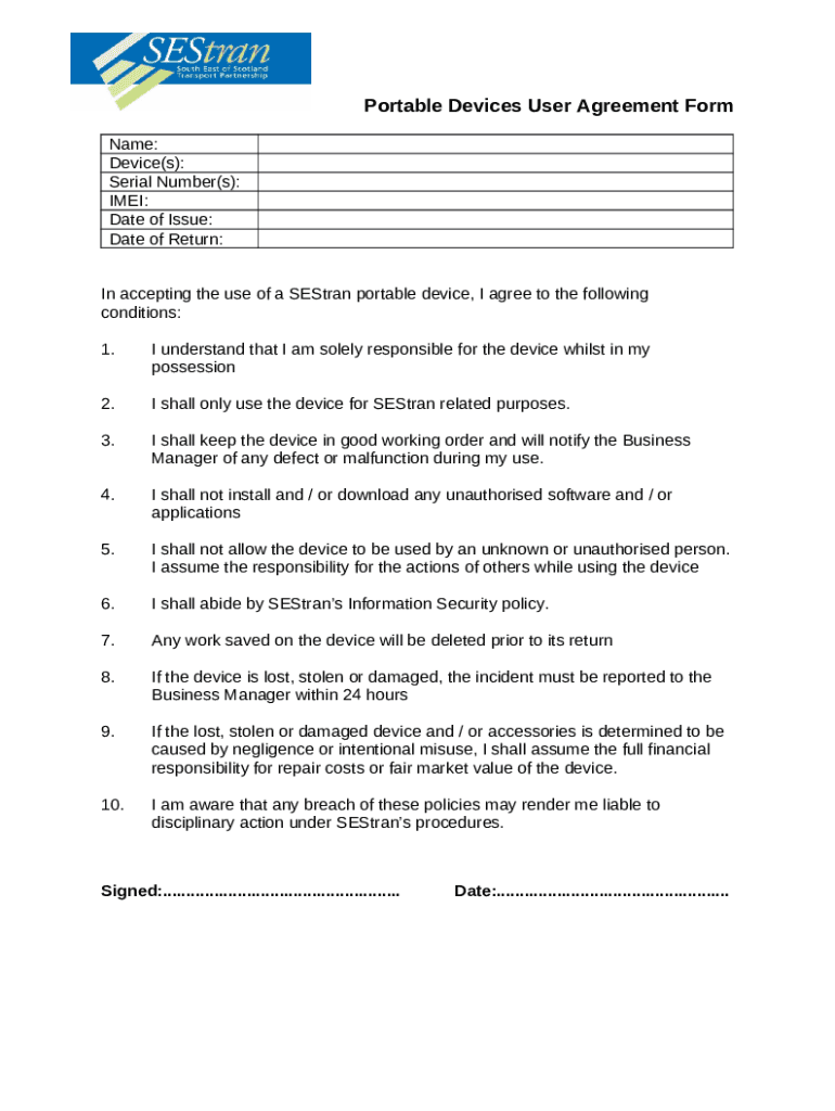 Portable Devices User Agreement - SEStran - sestran gov Doc Template ...