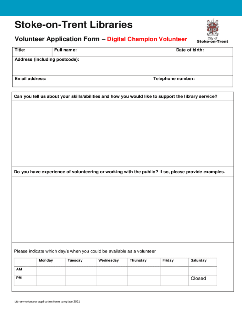 Fillable Online Stoke-on-Trent Libraries Volunteer Application Form Fax ...