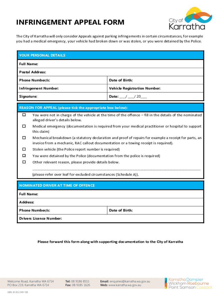 Fillable Online karratha wa gov INFRINGEMENT APPEAL FORM Fax Email ...
