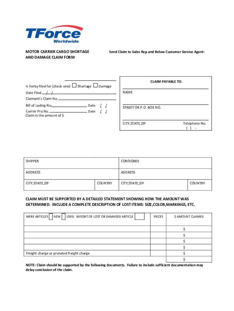 Fillable Online Cargo Shortage and Damage Claim Form Fax Email Print ...