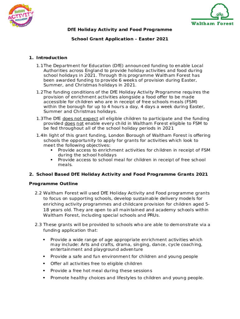 DfE Holiday Activity and Food Programme -Schools Grants ... Doc ...
