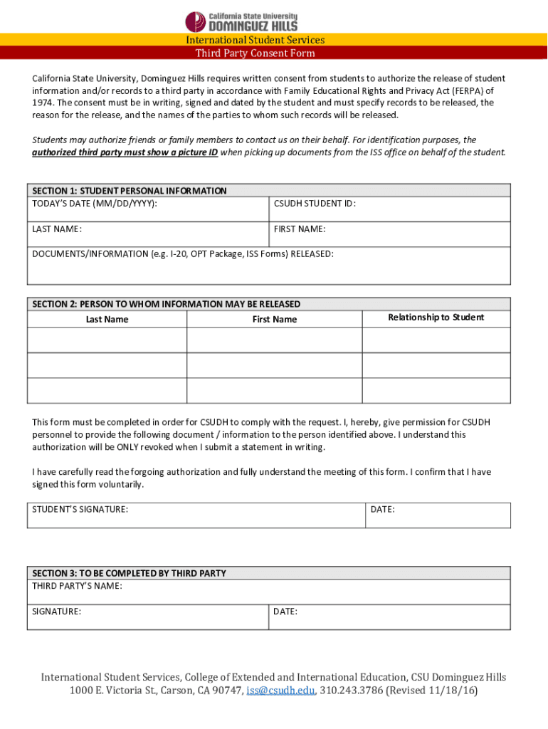 Fillable Online International Student Services Third Party Consent Form ...