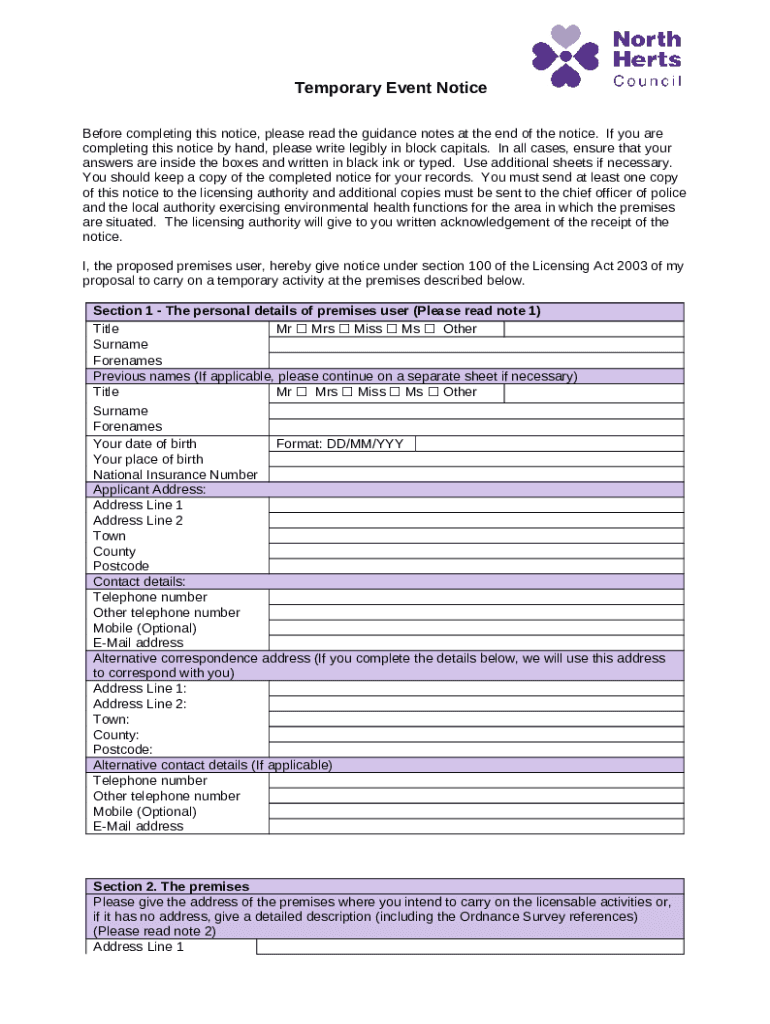 Application for a Temporary Events Notice Doc Template | pdfFiller
