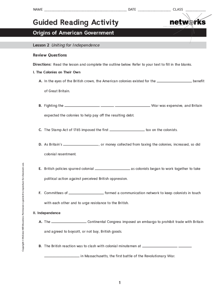 Guided Reading Activity Origins Of American Government Lesson 2 Uniting For Independence - Fill ...